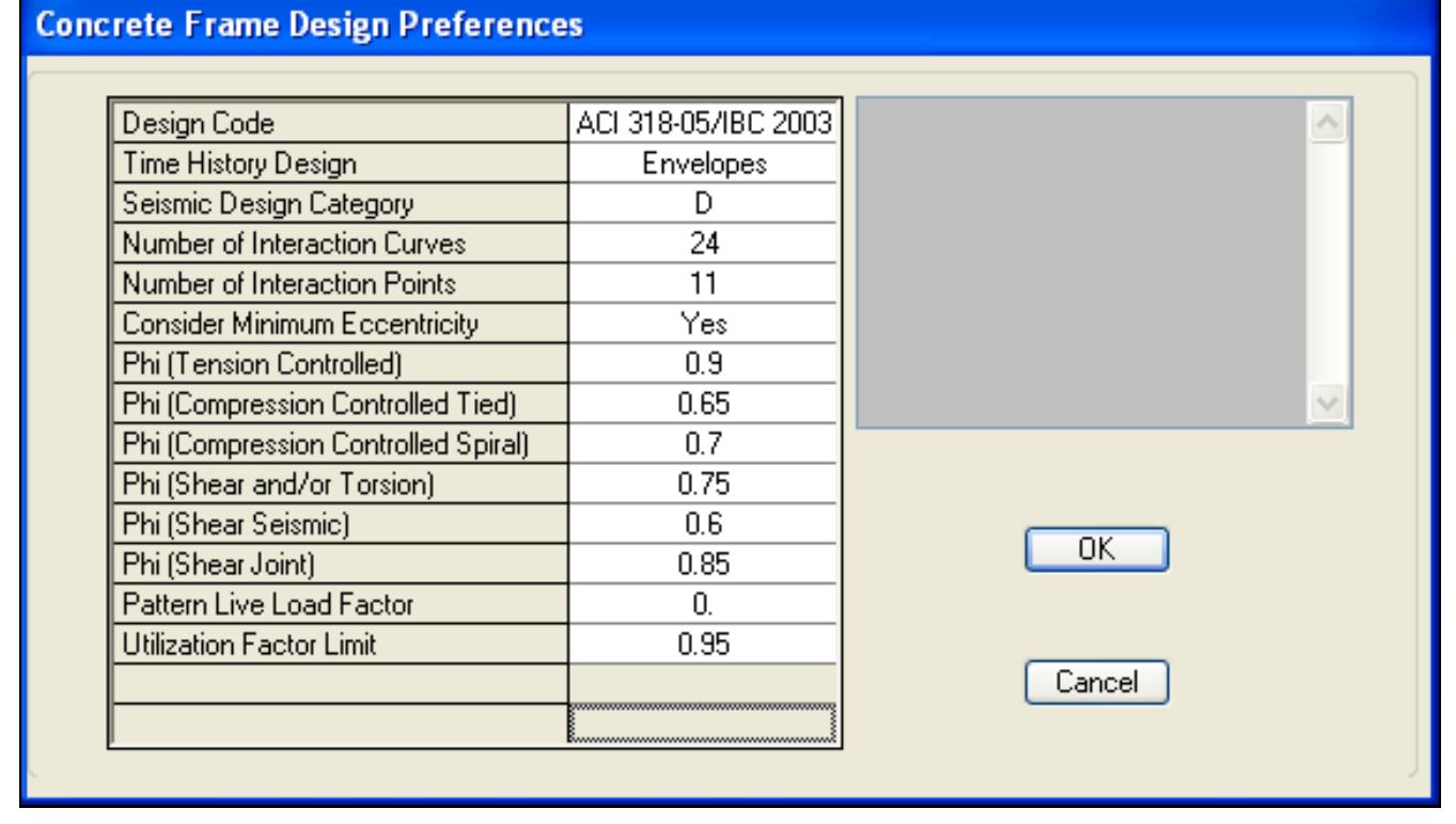 Concrete frame design preferences for concrete frame and