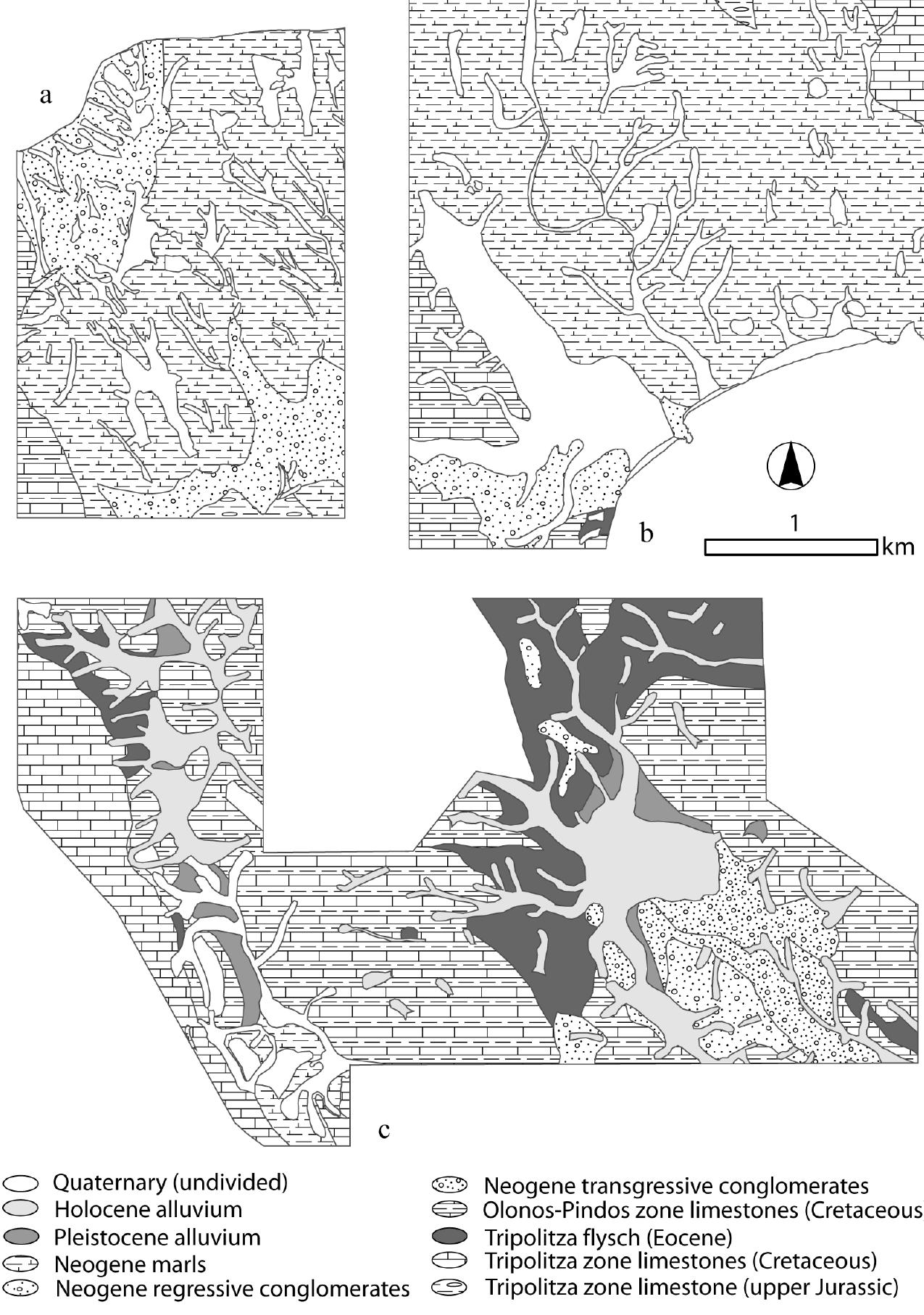 Geological maps of the three geoarchaeological study areas: