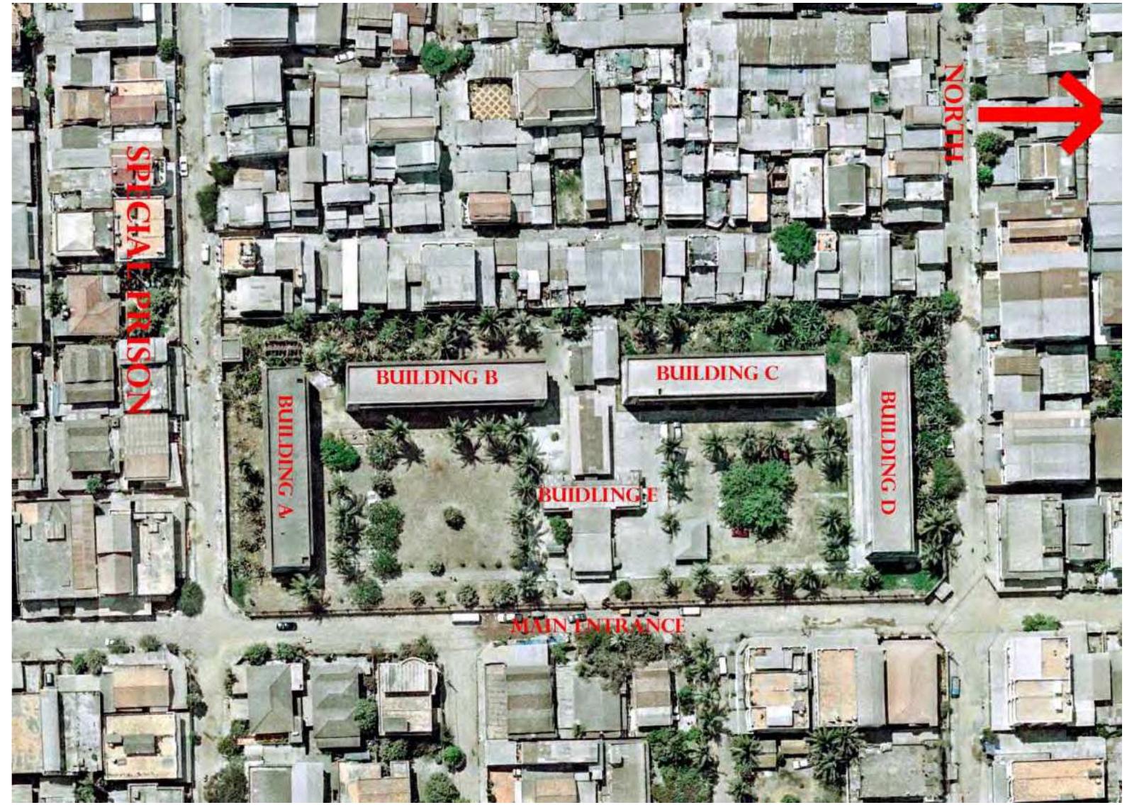 Aerial photograph of main prison with marked buildings