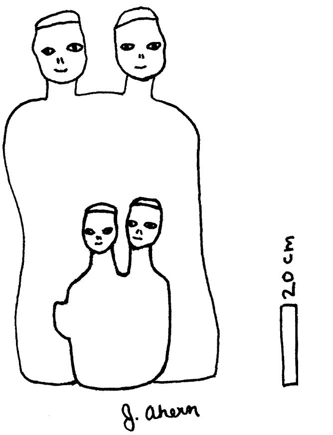 Size comparison between double-headed, bust statues from