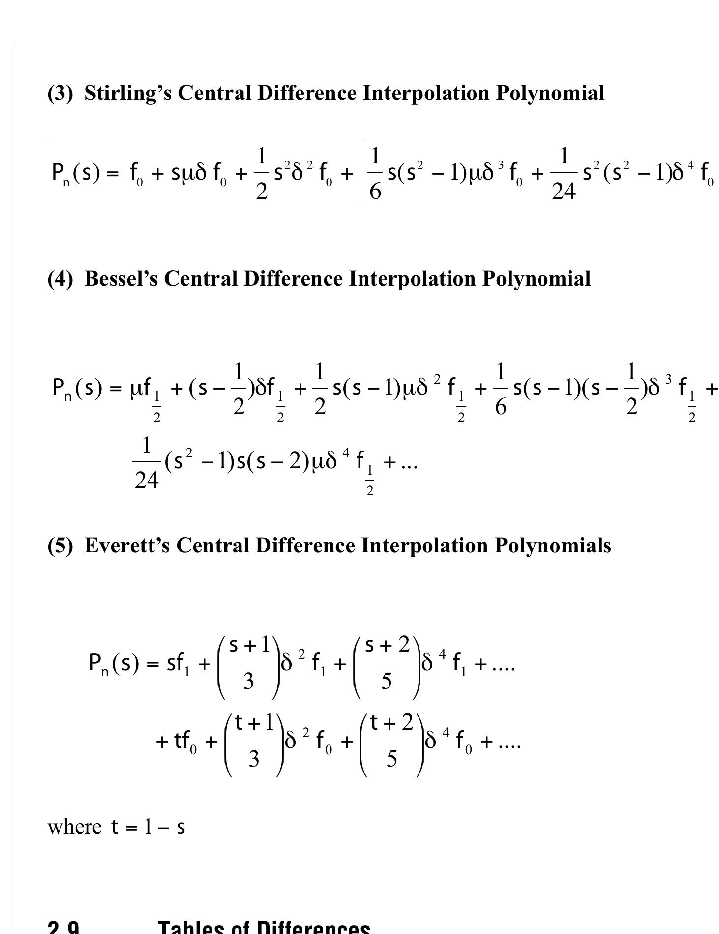 All five finite difference interpolation polynomials given
