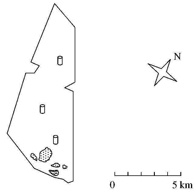 Map of the bukhara breeding centre: {j observation towers,