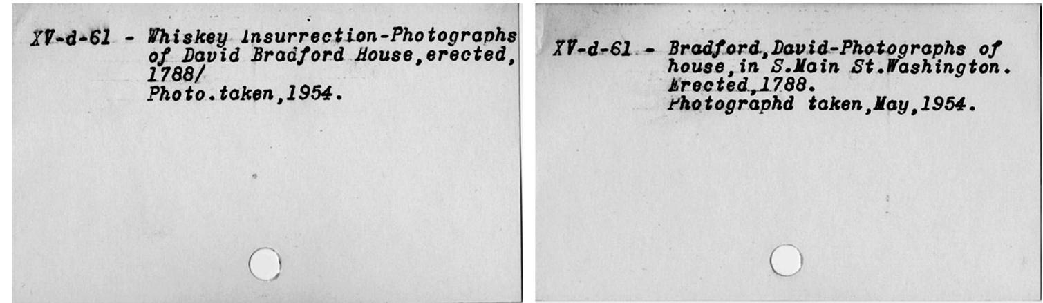 Subject cards describing a 1954 photograph of the bradford