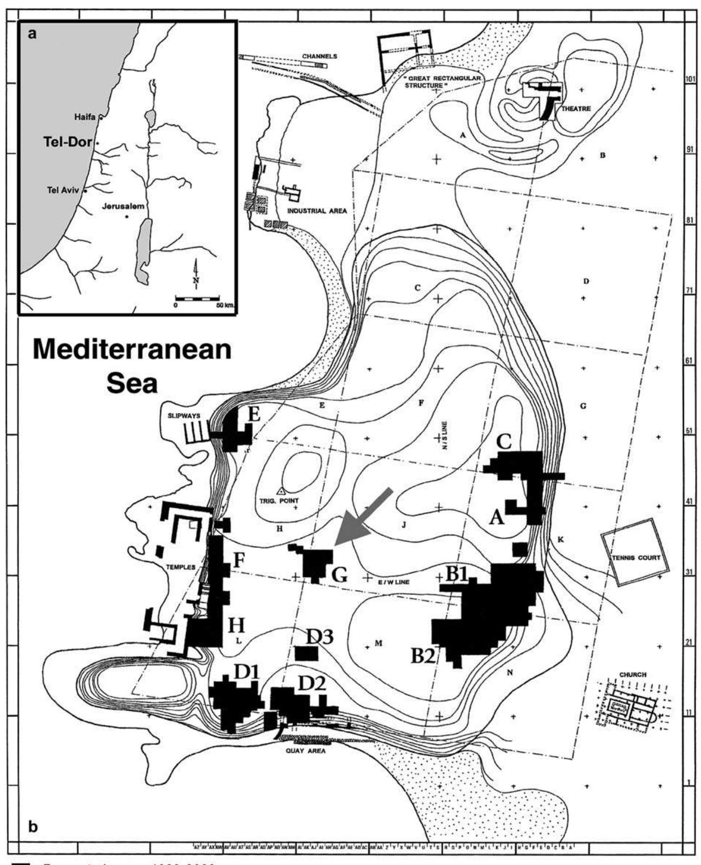 Map showing the location of (a) the site of tel dor and (b)