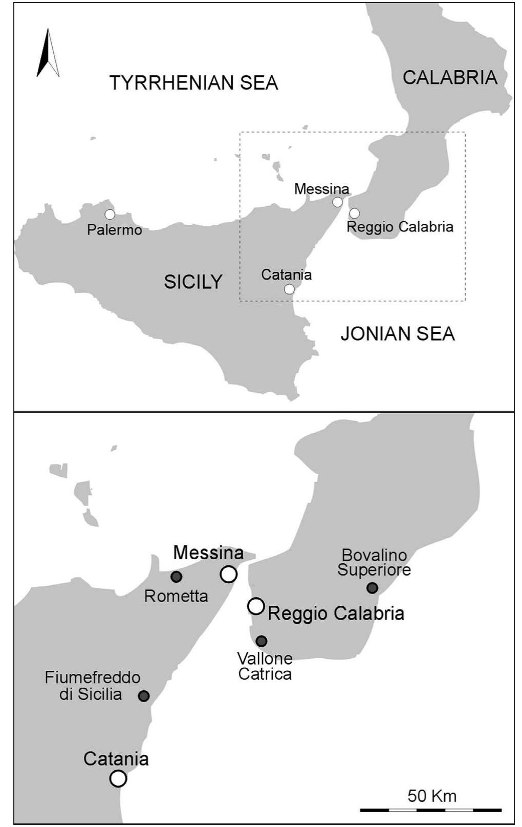 Map of calabria and sicily with collecting sites (solid