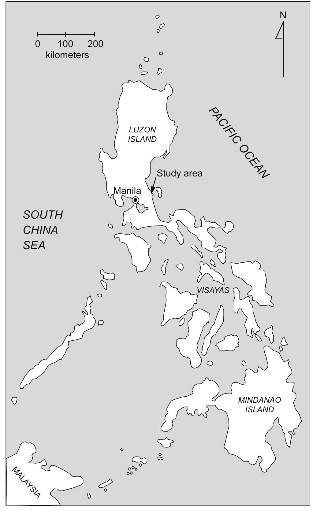 Map 1. the philippines; major islands, seas and location of