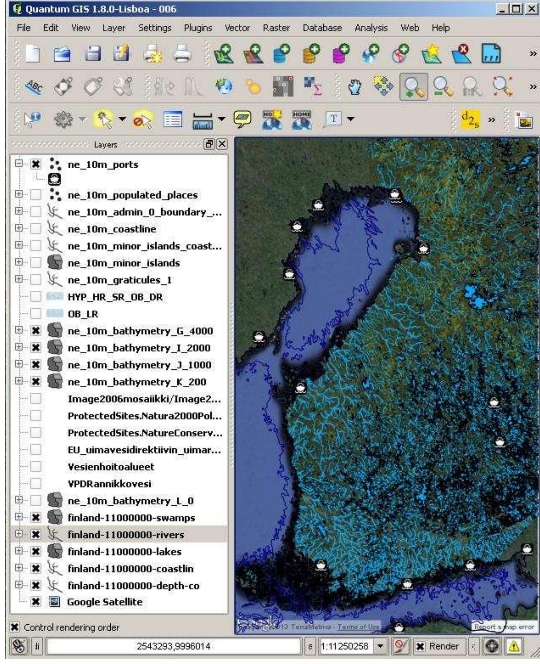Test: qgis accessing and displaying swamps, rivers, lakes,