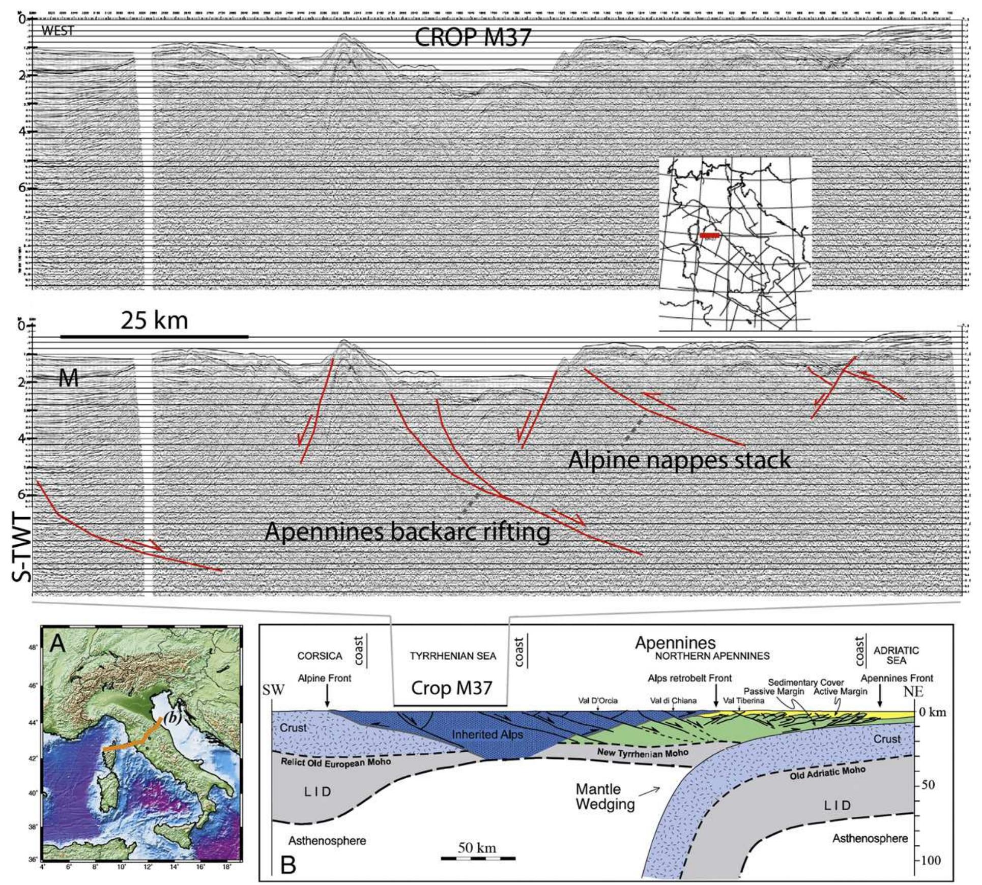 Uninterpreted and interpreted seismic reflection profile