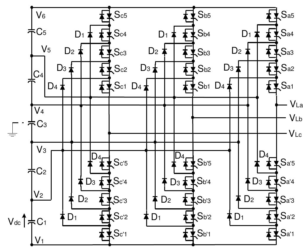 Circuit diagram of a three-phase 6-level diode clamped