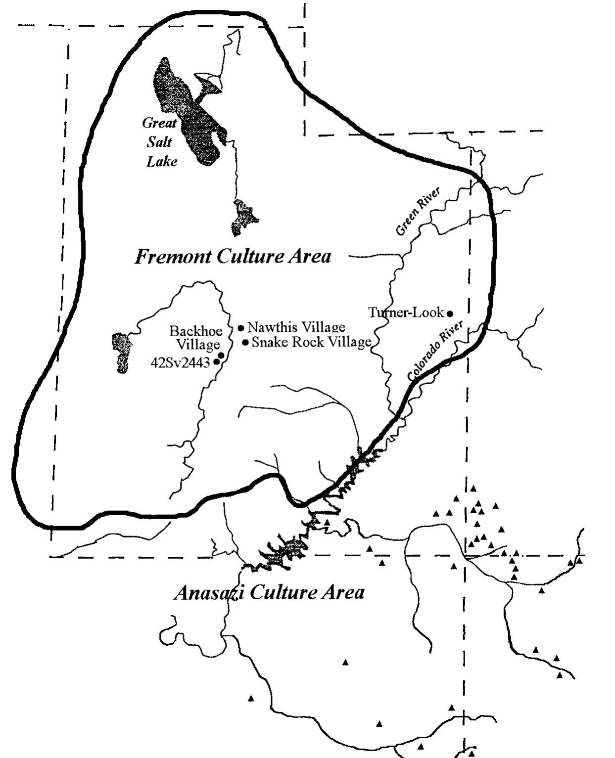 Map of utah showing the fremont culture area and sites