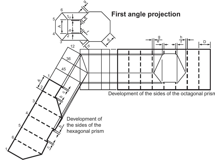 5 developing intersecting hexagonal and octagonal prisms