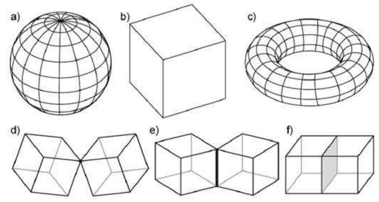 Manifolds and non-manifolds: the surface of a) a sphere; b)