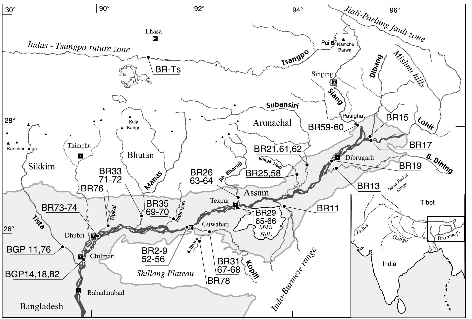 Map of the brahmaputra river system showing the sample