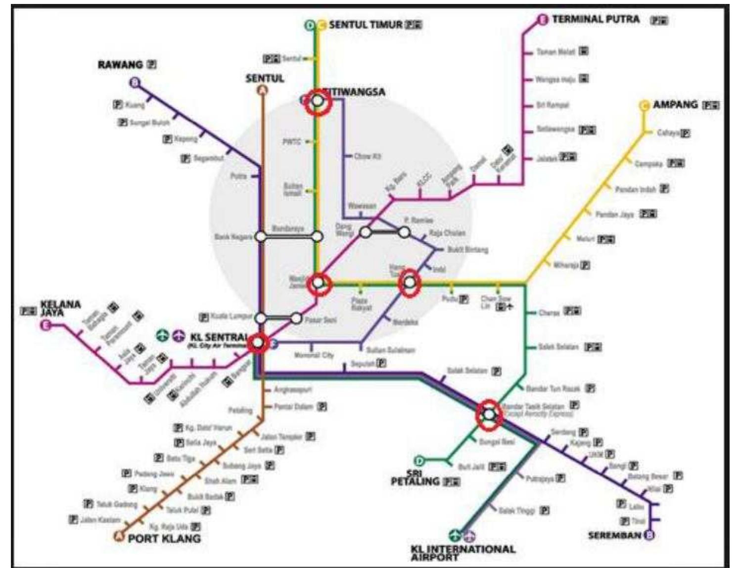 Complete rail routes schematic map in klang valley comprises