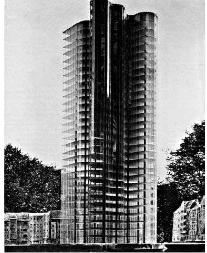 5. mies van der rohe, glass skyscraper project, 1922 model.