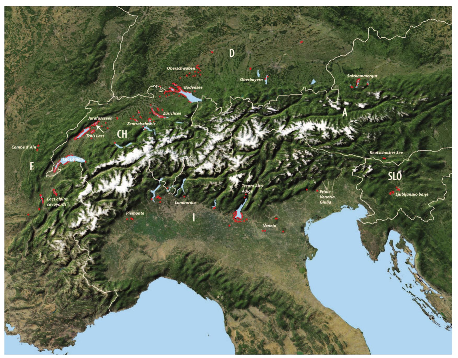 Distribution of prehistoric pile-dwellings around the alps.