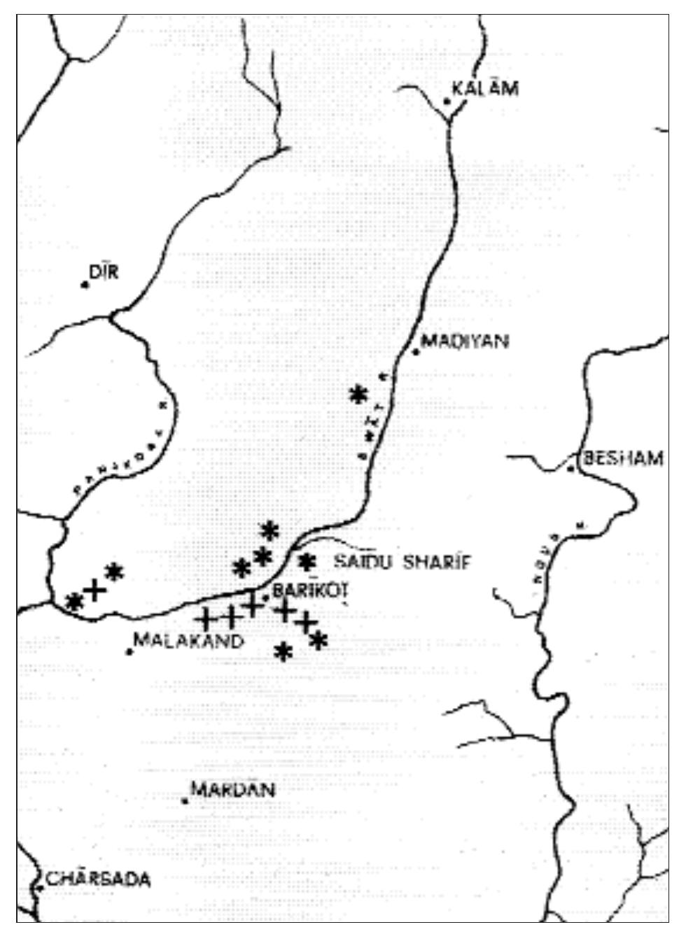 Sketch-map of the swat valley. key: crosses = major