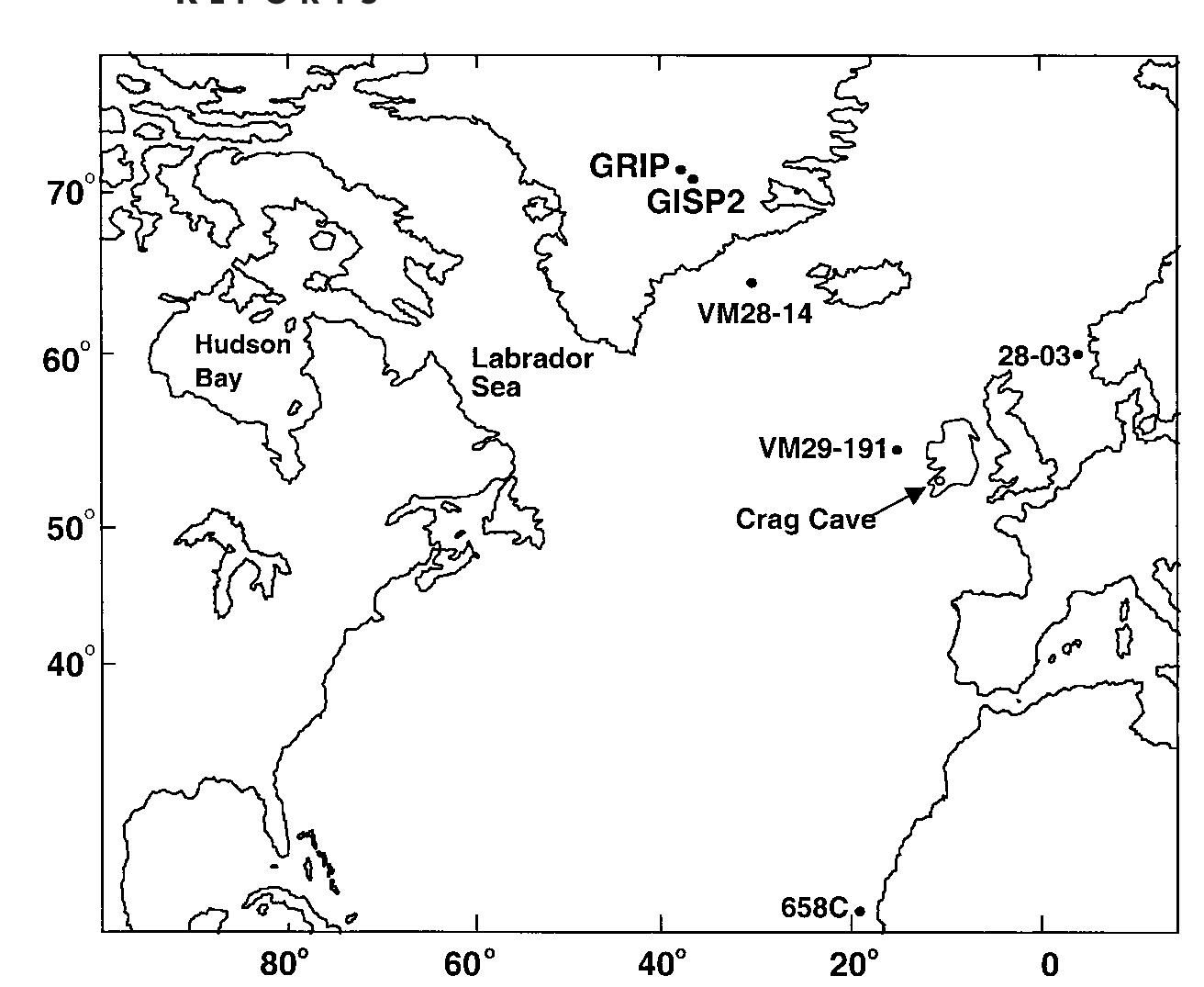 Map of the north atlantic region showing the locations of