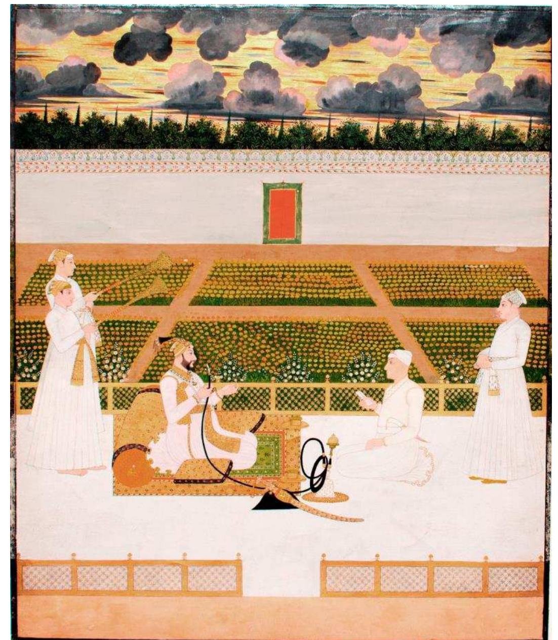 Mir jafar with an official on a terrace in a garden.