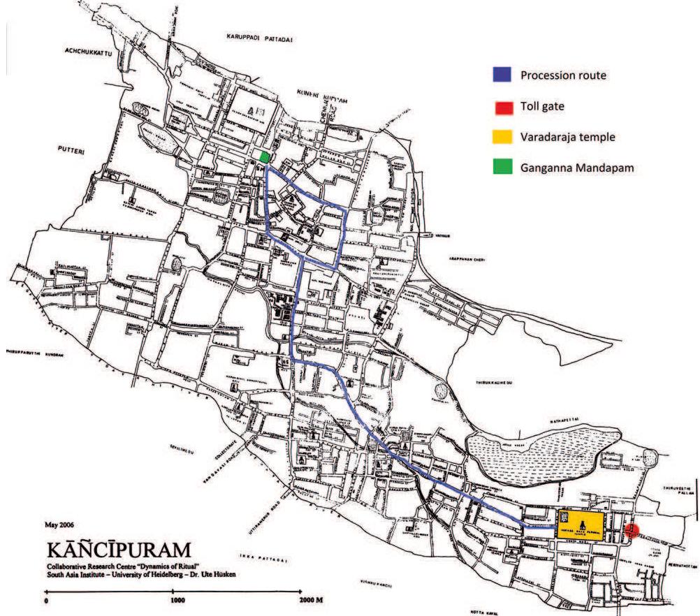 Map of kanchi with processional route and ganganna mandapam,