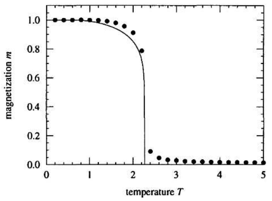 Magnetization per spin of the 2d ising model calculated by