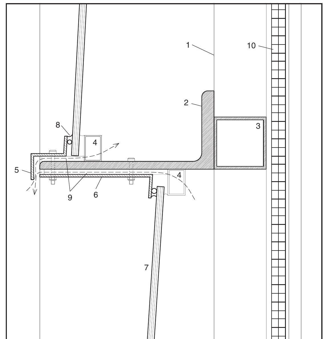 Detail section through glazing support shelf, scale 1:5