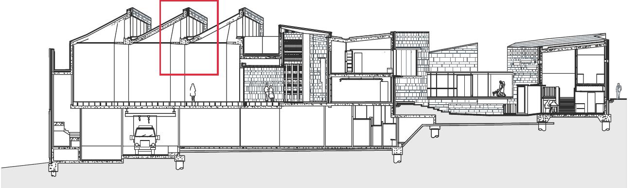 North-south section with area of detail shown in red, scale