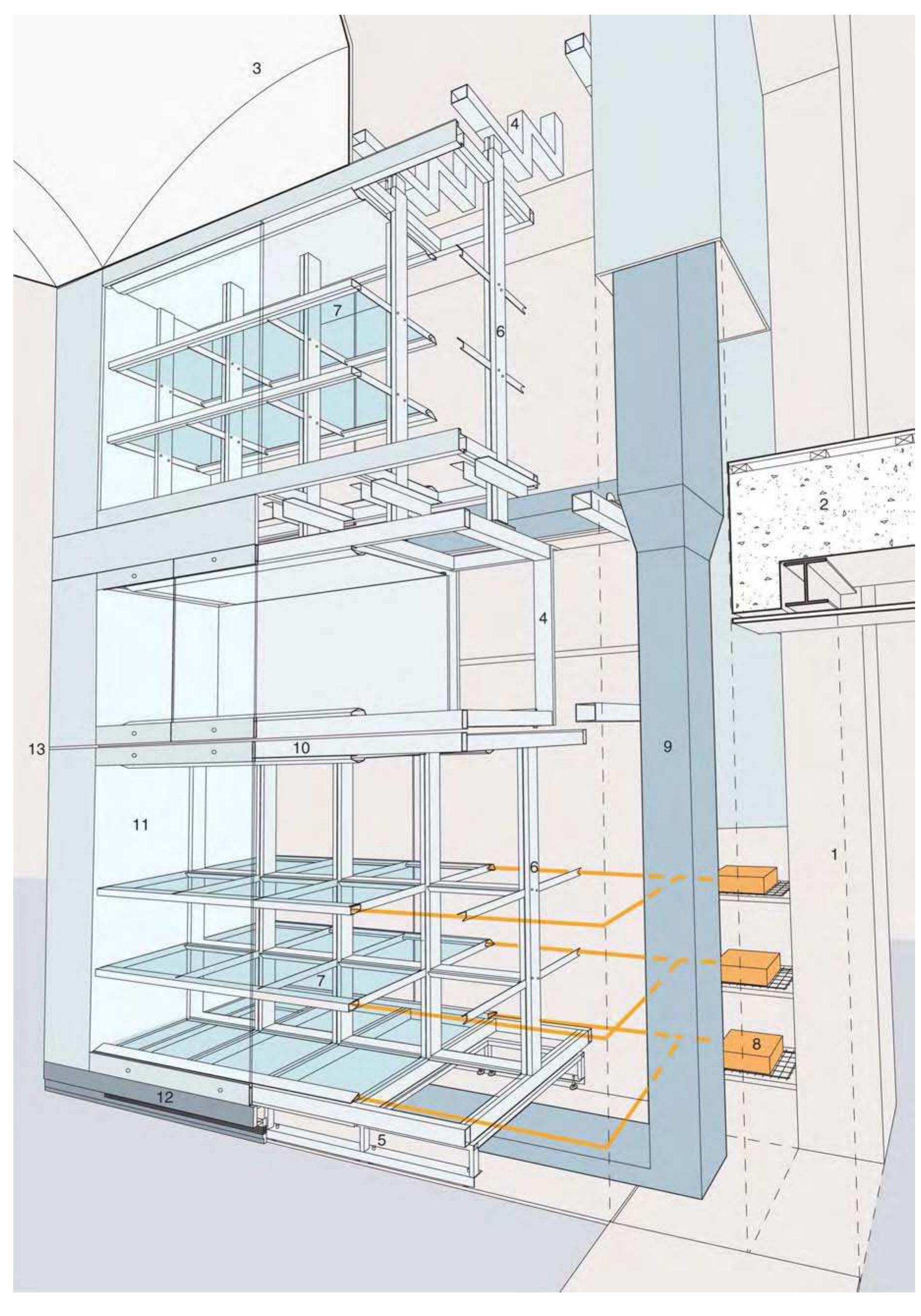 Cut-away section through crystal cabinet