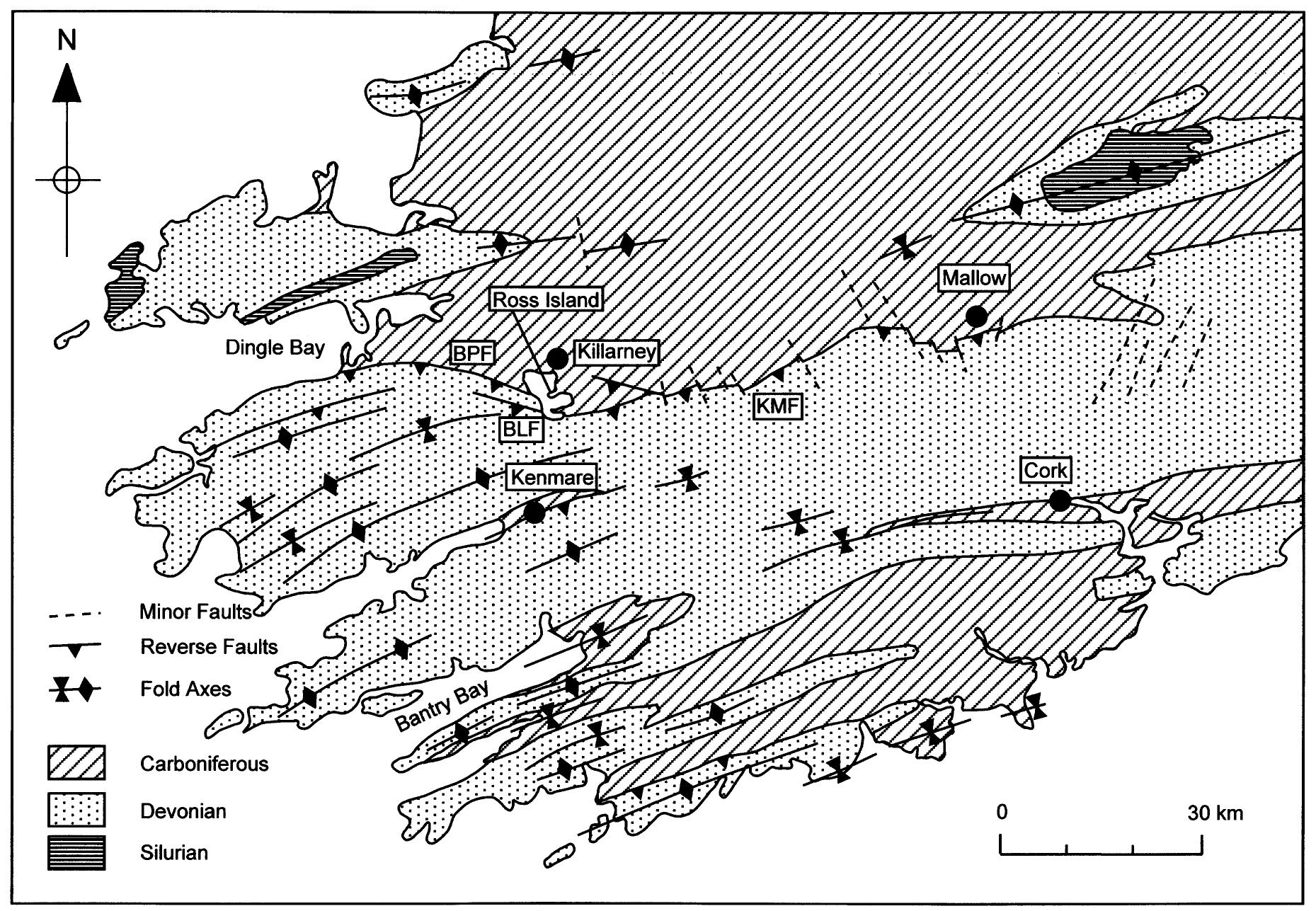 Simplified geological map of southwest ireland showing major