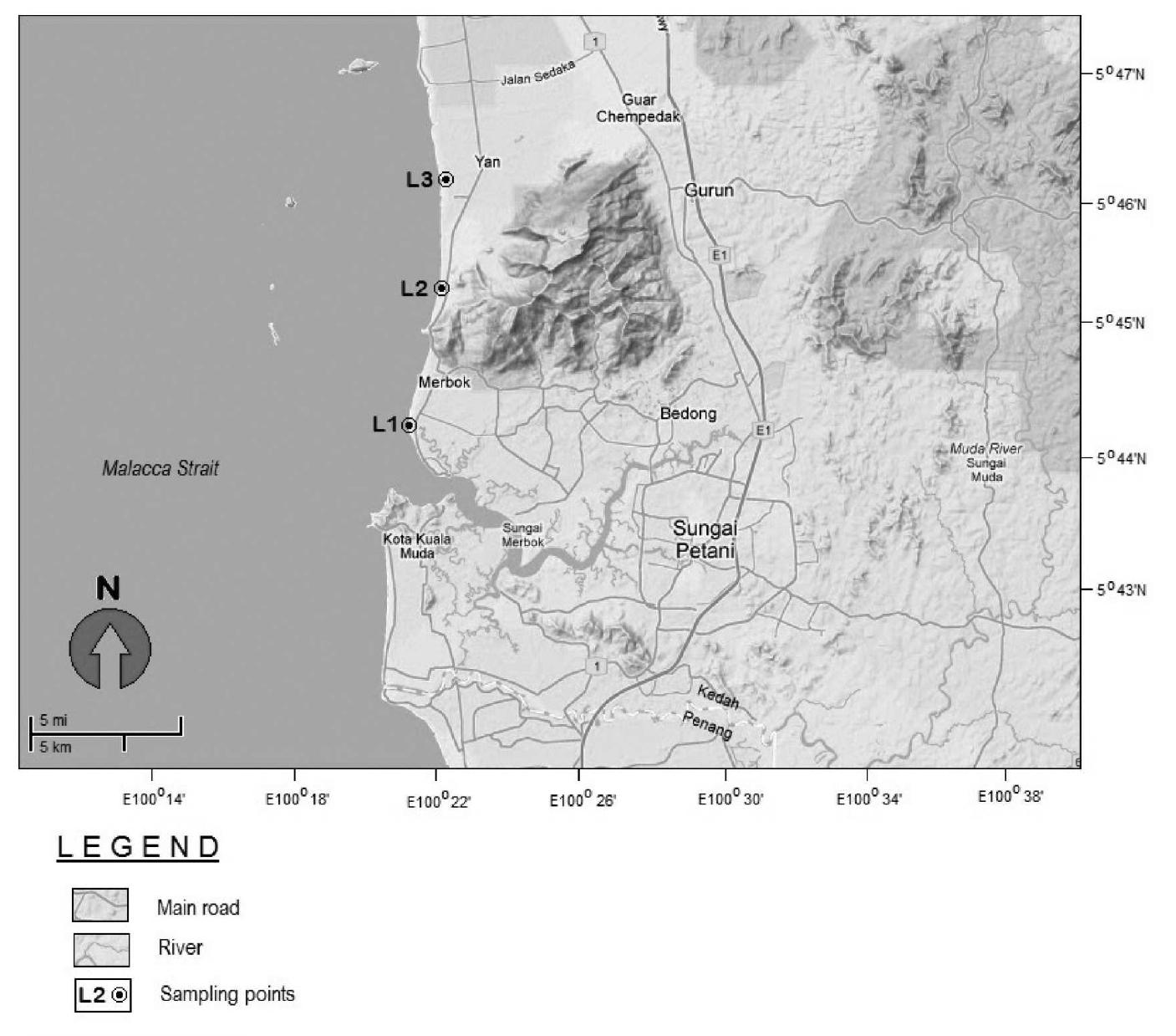 The location of the sampling points for the marine clay