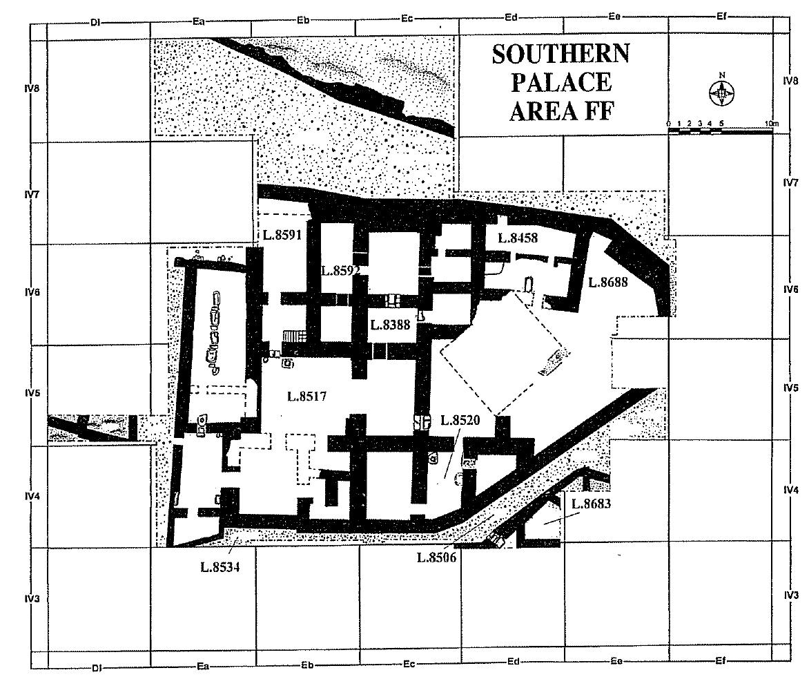 - schematic plan of southern palace with highlighted rooms