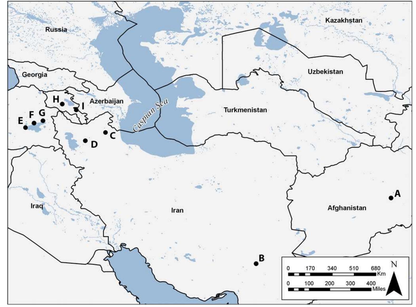 Map of the near east and southwest asia showing obsidian