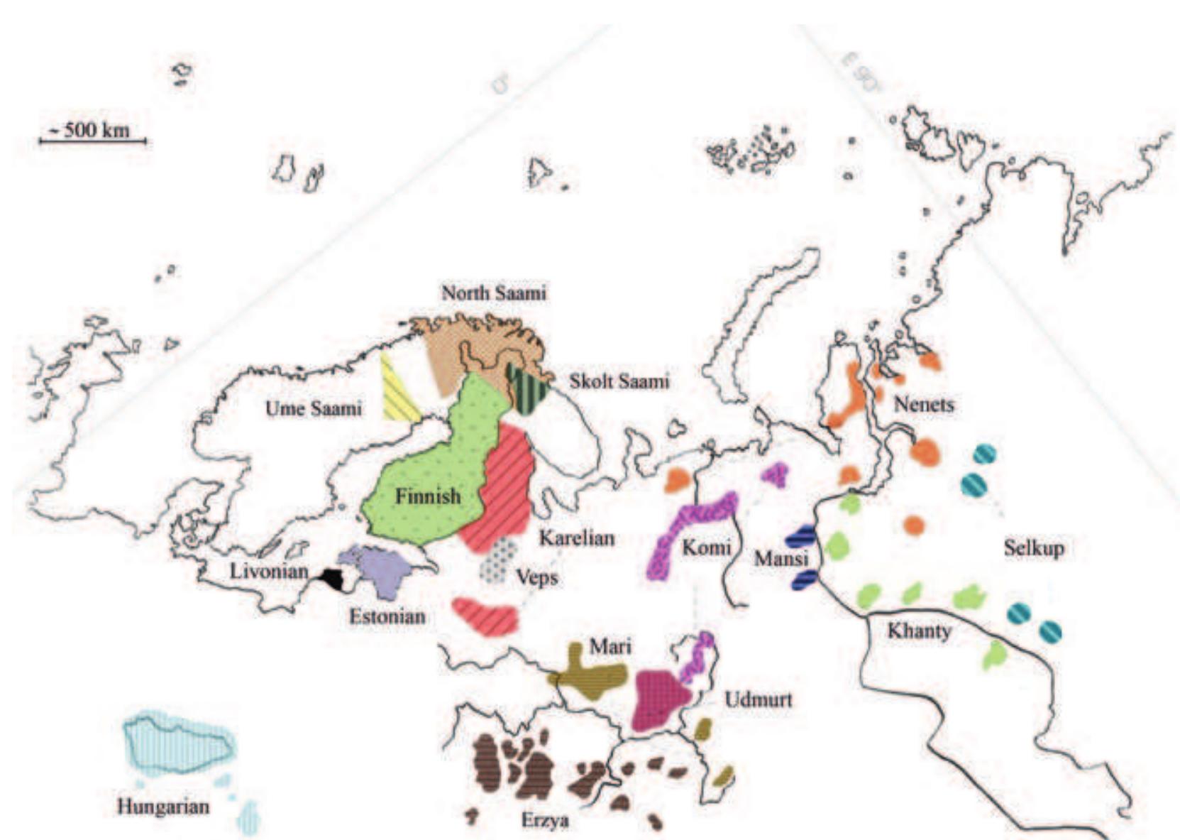 A map of the uralic languages used in this study: estonian,