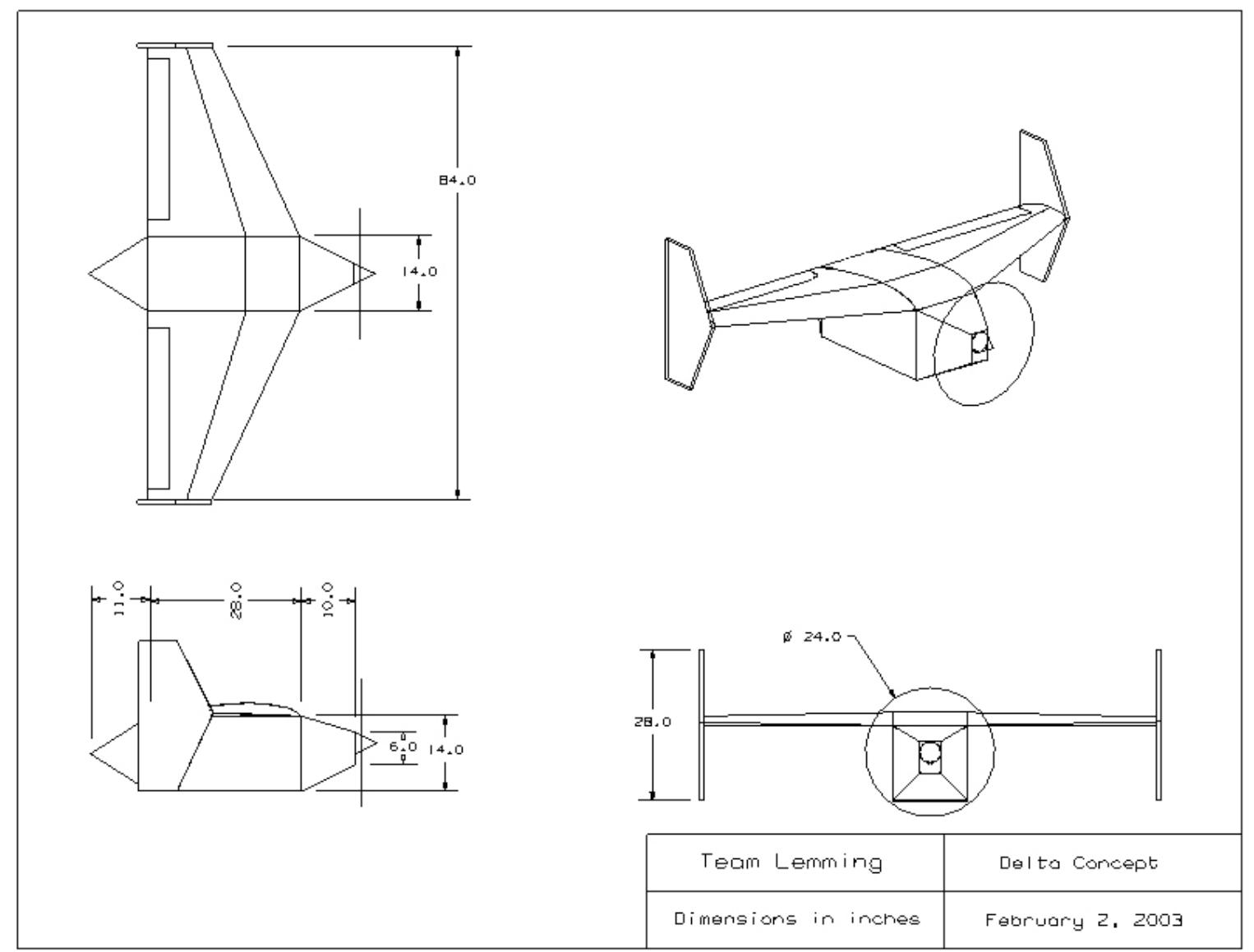7: dimensioned drawing of delta wing design.