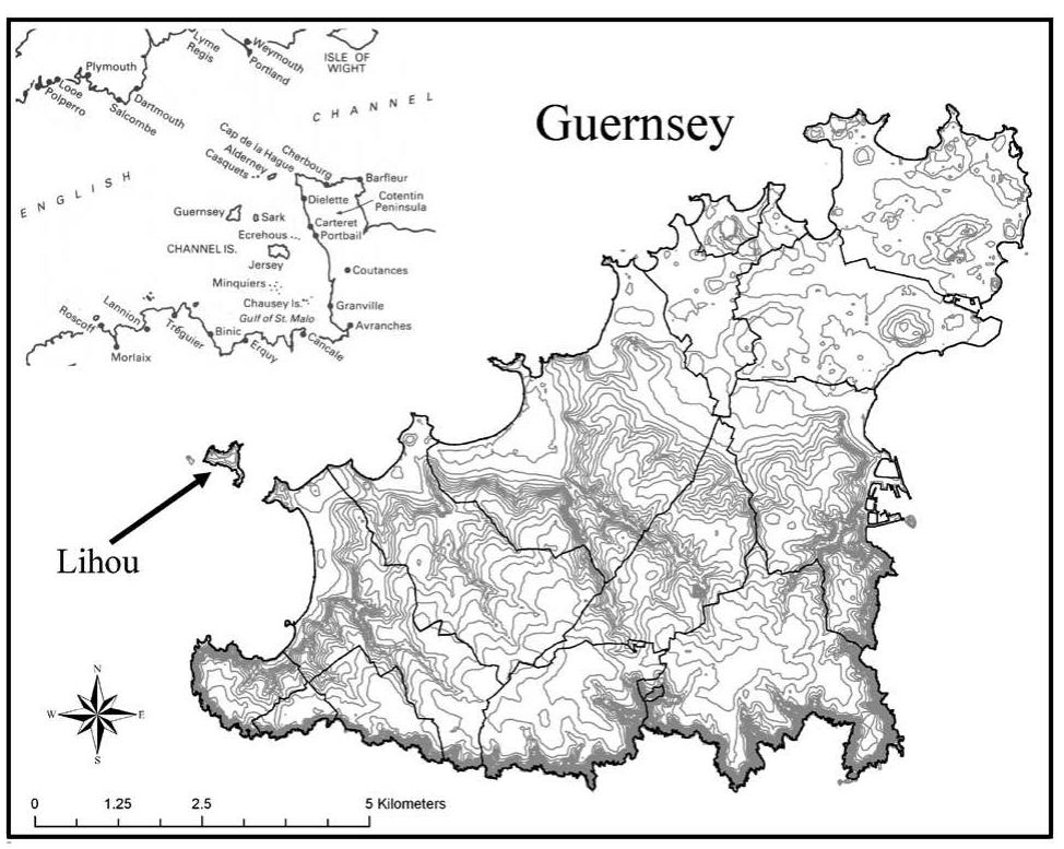 Location map of guernsey and lihou. the small tidal islet of