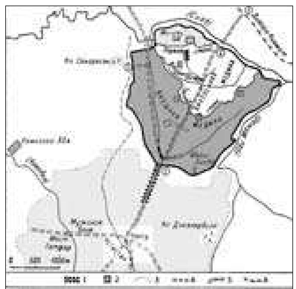 The map of samarkand in the 11-13" centuries. 1 - aqueducts,