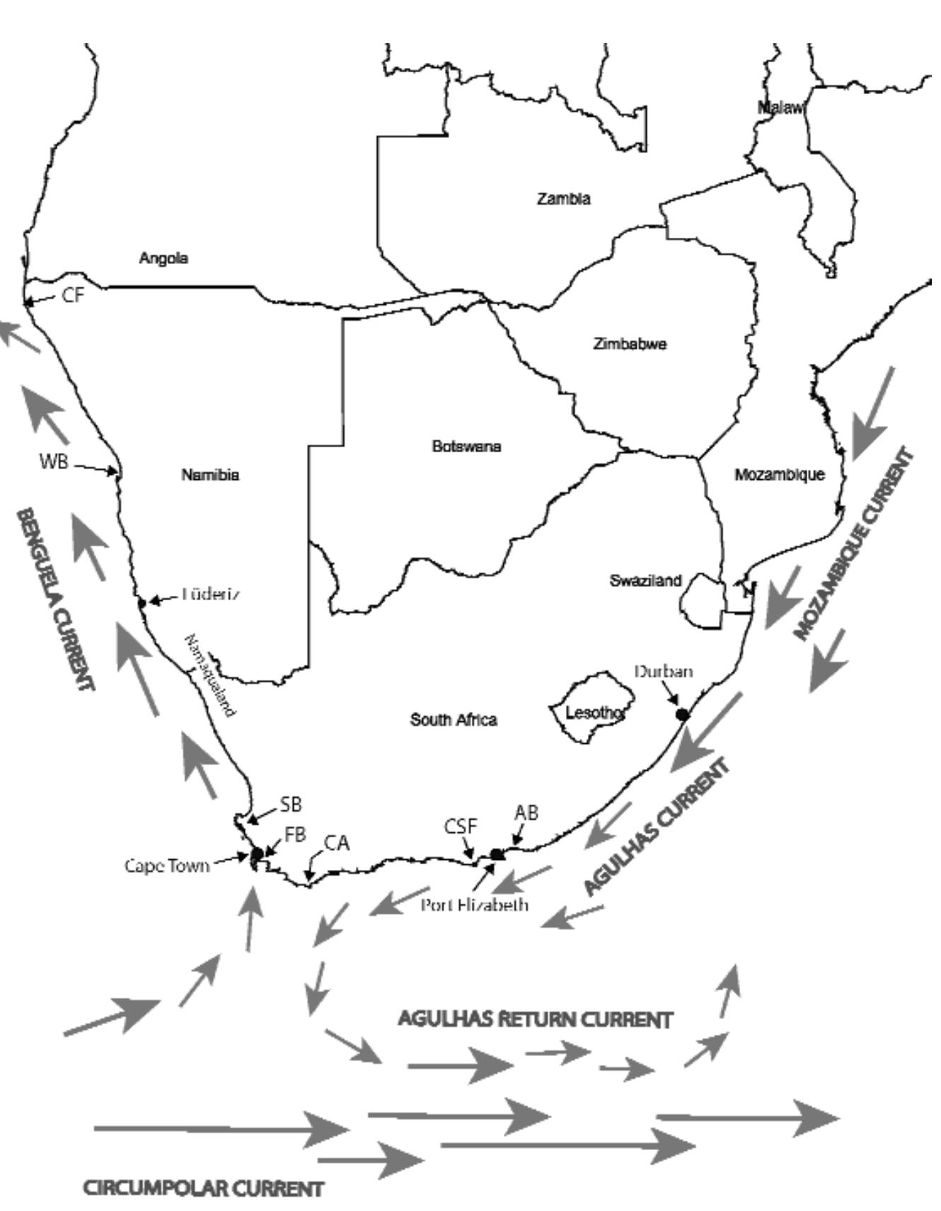 Map of southern africa showing geographic localities, and