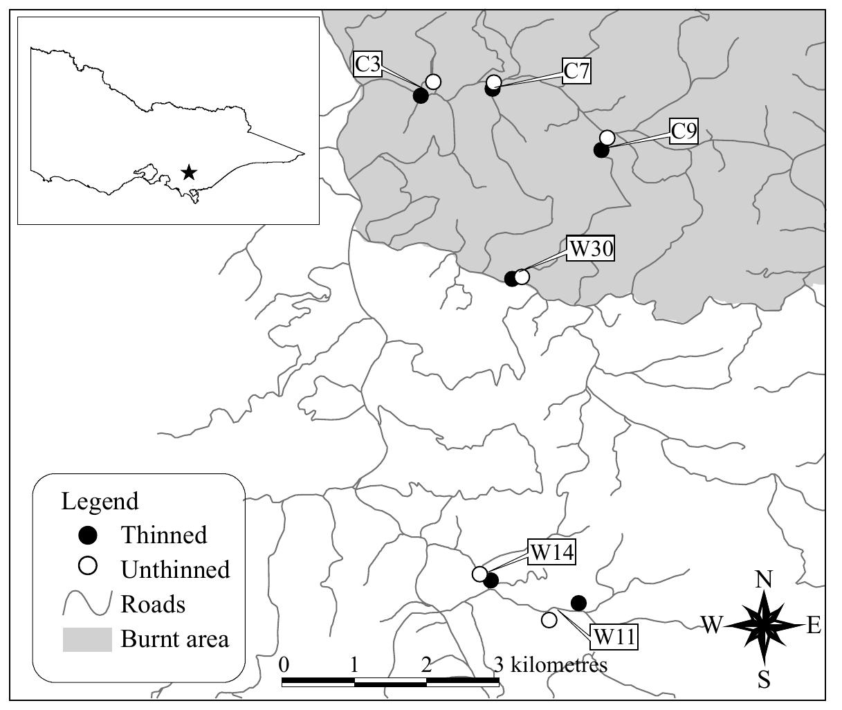 Map of the study area in boola boola state forest, victoria,