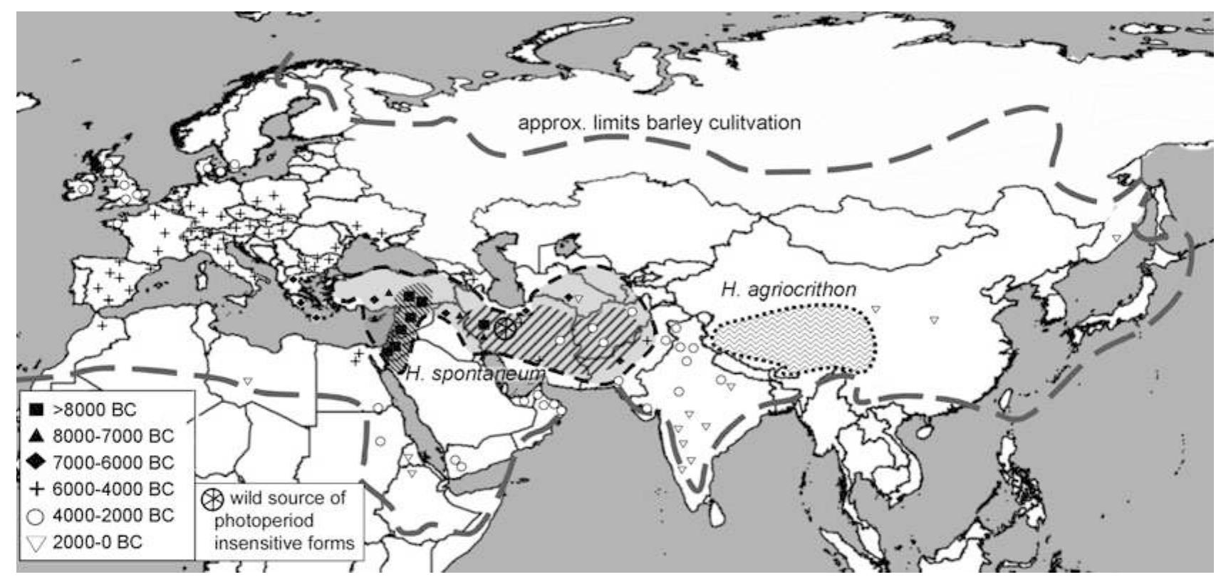 Barley: origins and development, fig. 1 map show- ing the