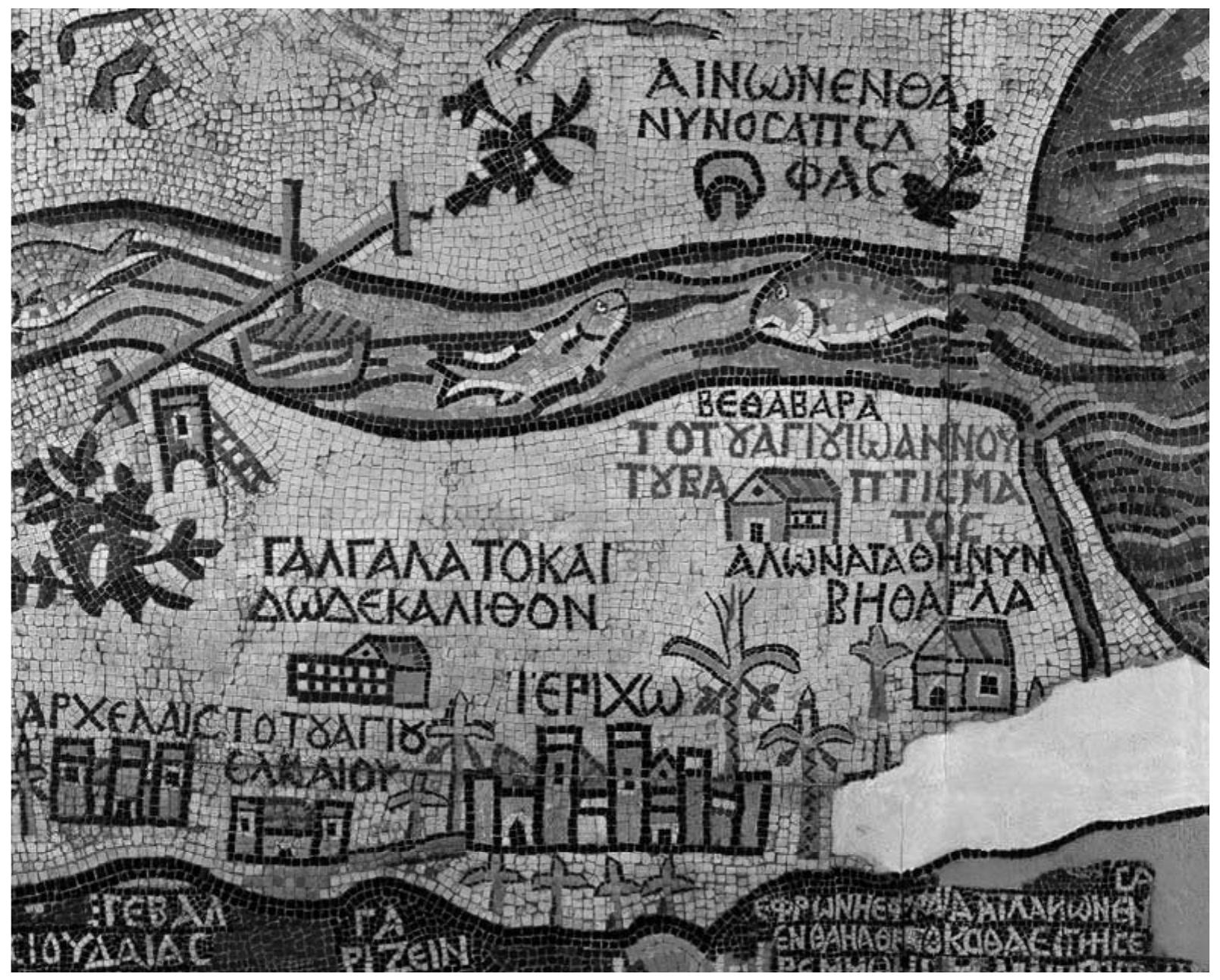 Madaba mosaic map showing pilgrim places in israel/jordan