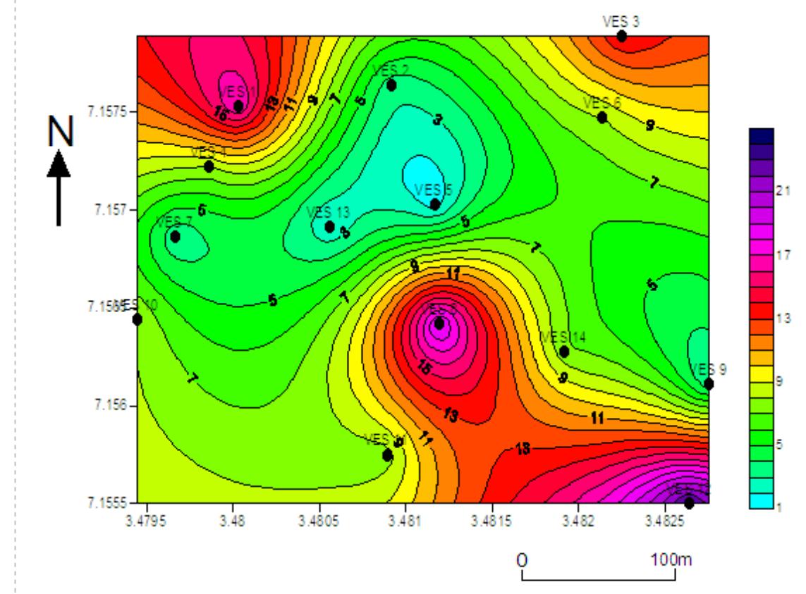 The isopach map of the overburden thickness in the study