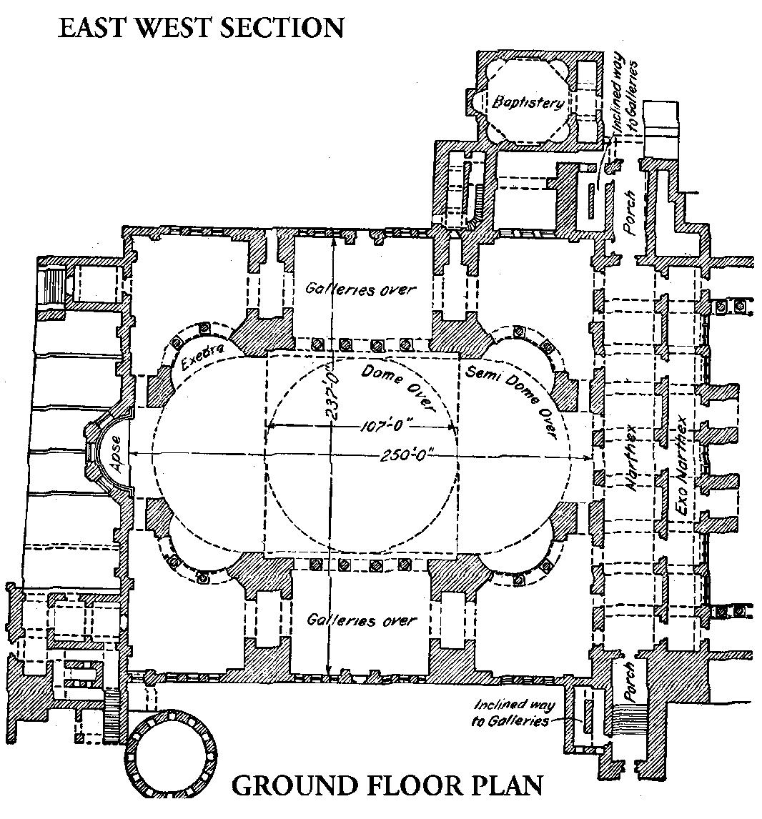 34 byzantine period. plan and section of the hagia sophia in
