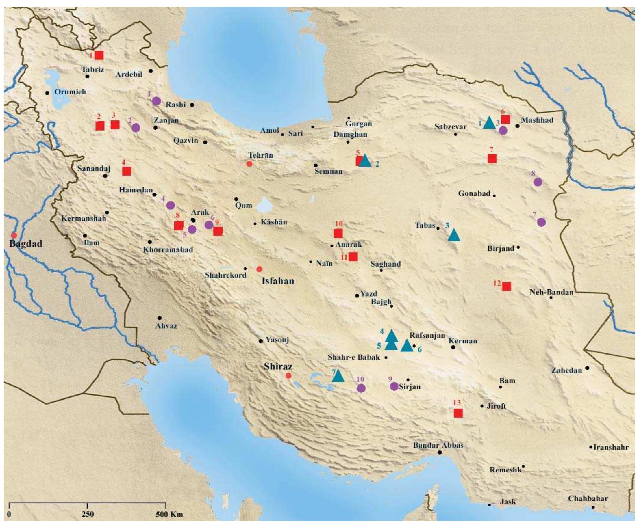 Distribution of ancient gold, iron and turquoise mines. gold