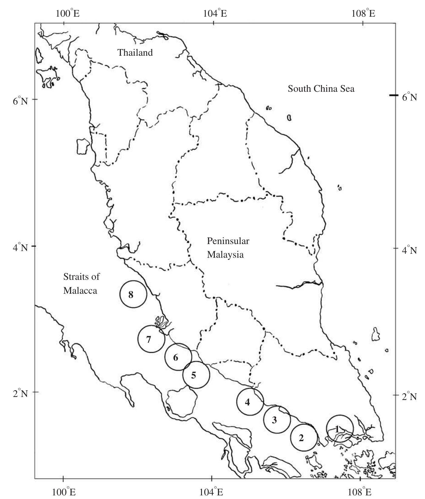 Map showing sampling sites for the mud-flat snail