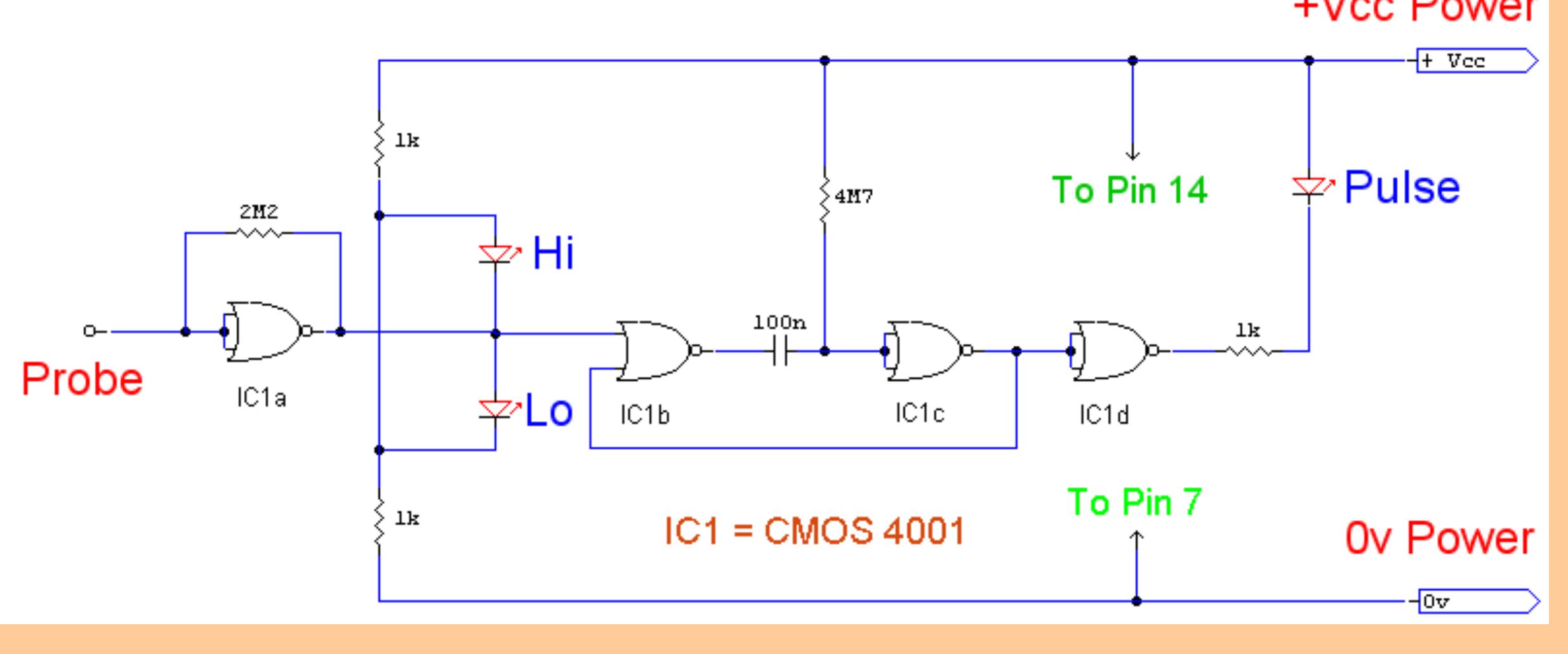Inoles. this logic probe uses a single cmos ic and shows
