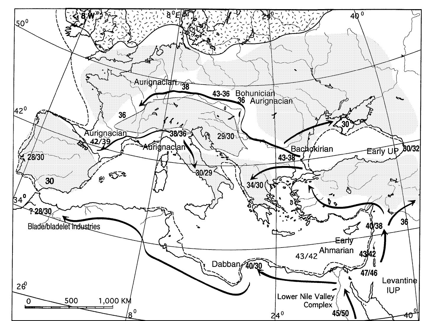 Suggested diffusion/migration of modem humans into europe