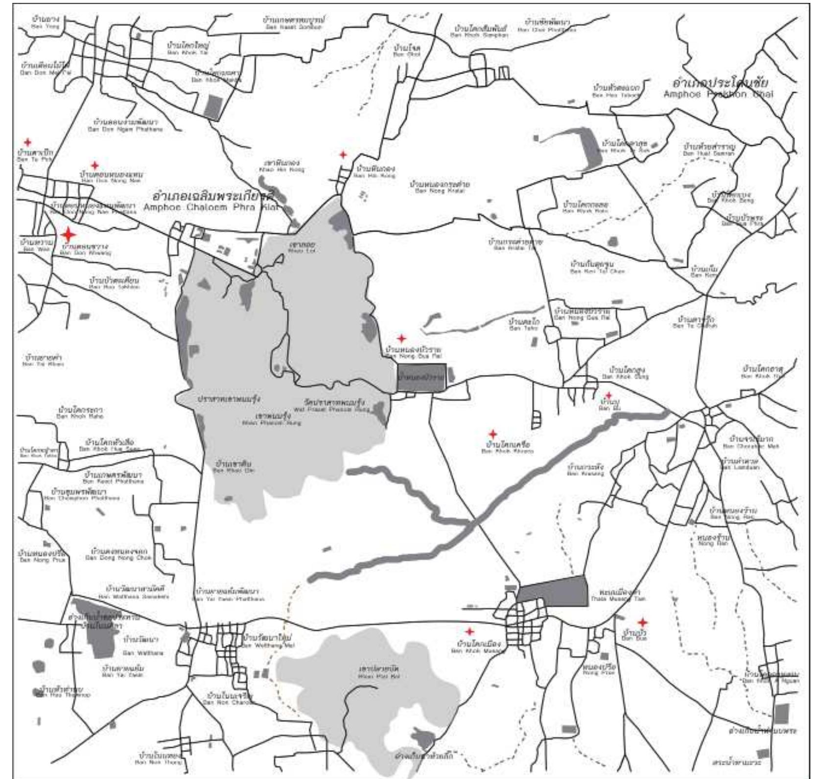 Phnom rung map with surrounding villages. stars indicate