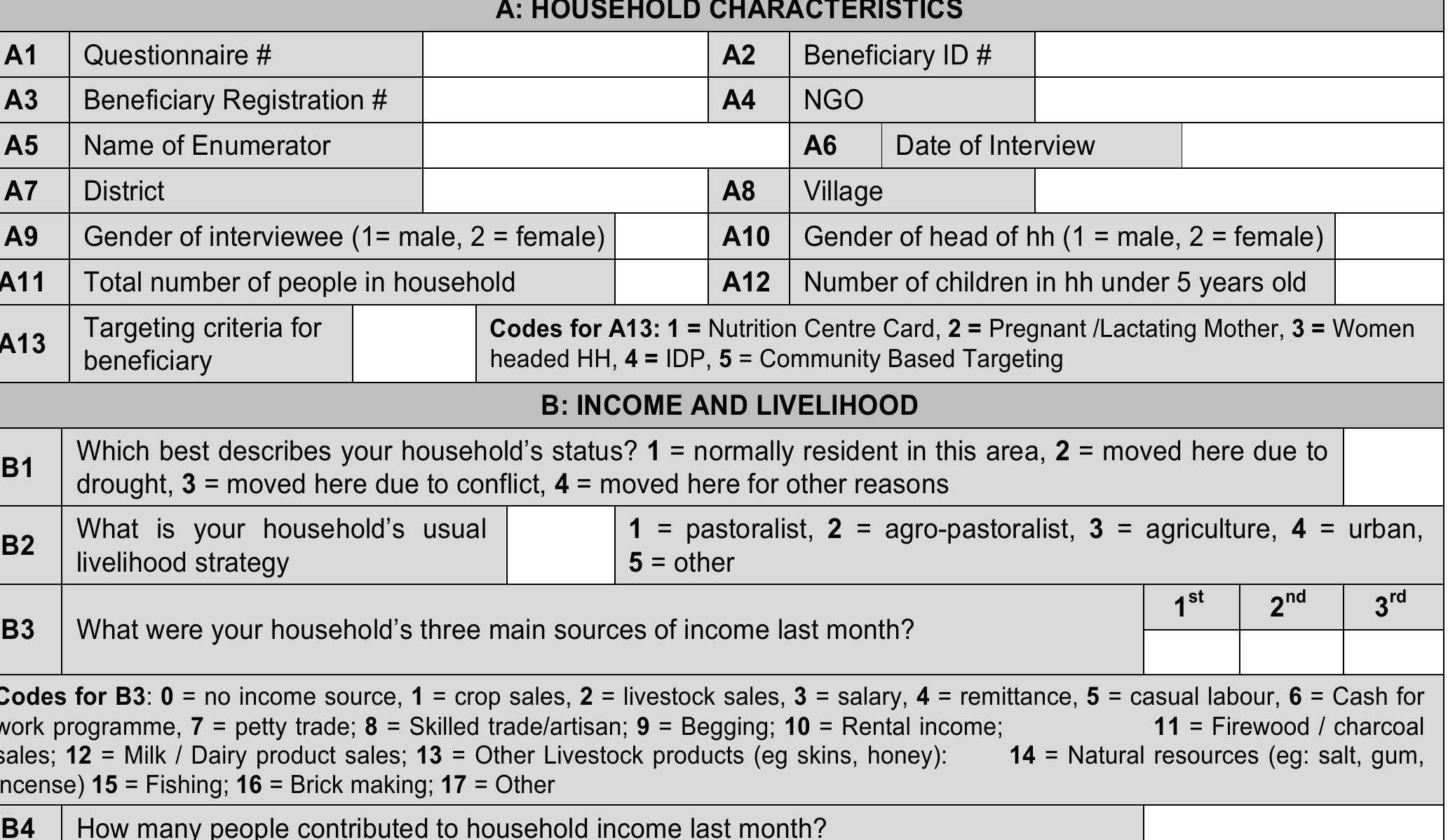 Cash / voucher distribution: baseline questionnaire v10