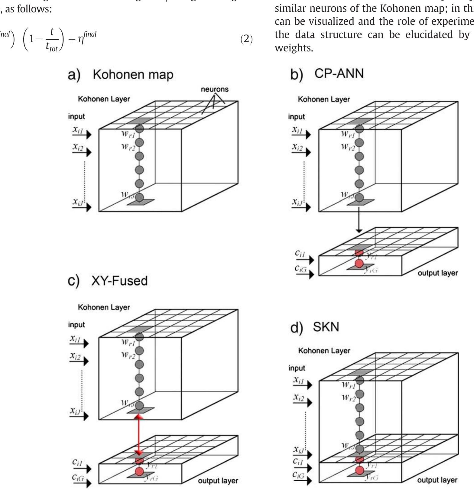 Structures of kohonen maps and related methods (cp-anns,
