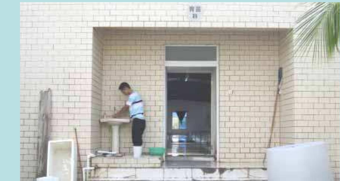 Foot and hand sterilization before entering larvae-rearing